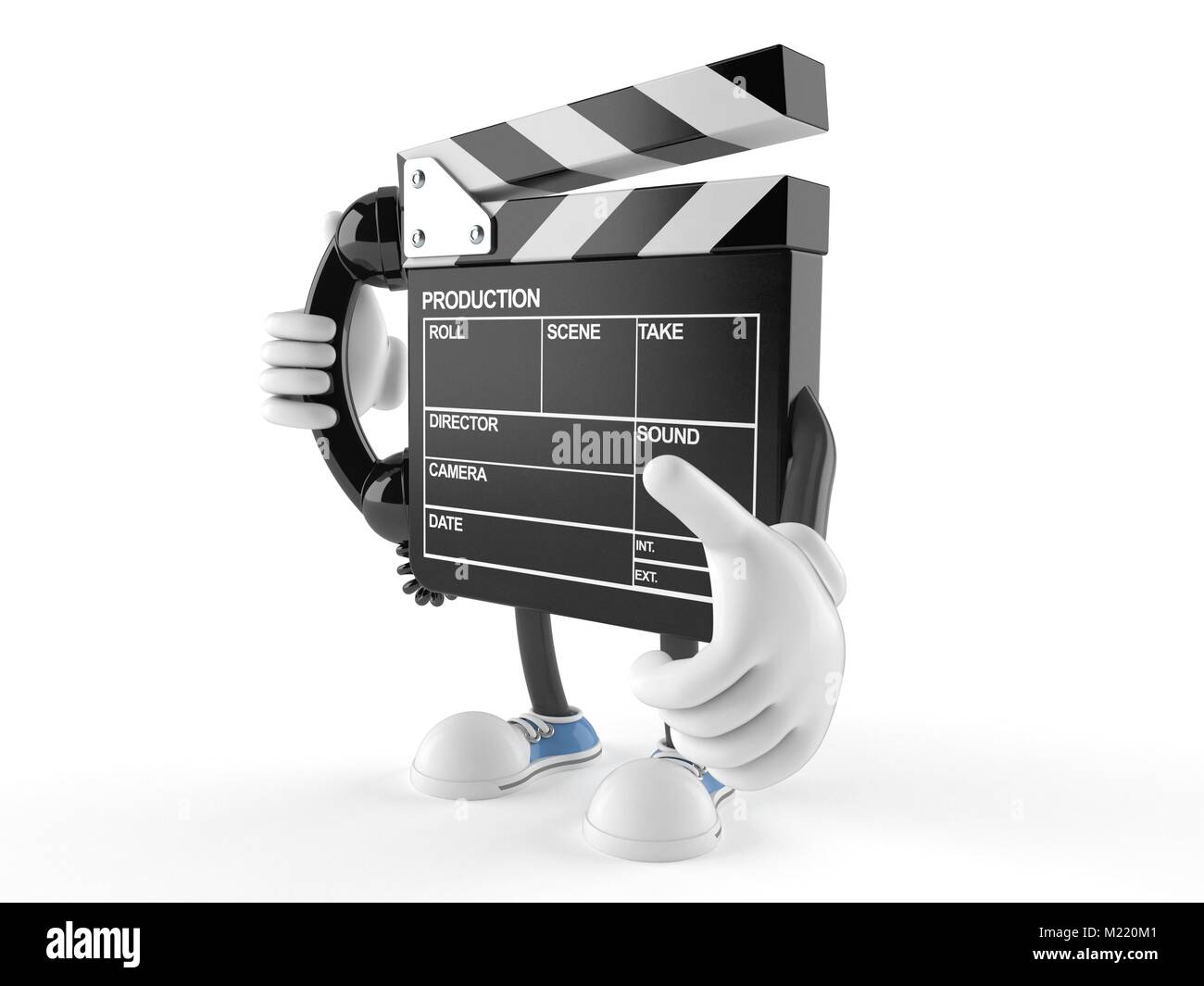 Film slate character holding a telephone handset isolated on white ...