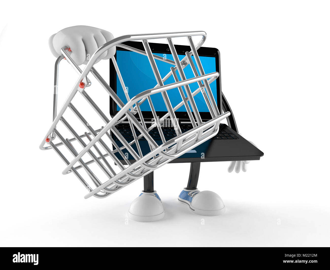Laptop character with shopping cart isolated on white background Stock ...