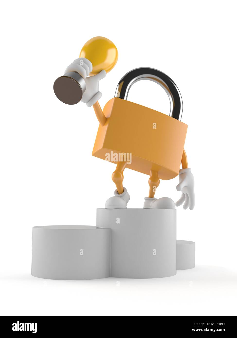 Padlock character holding golden trophy isolated on white background ...