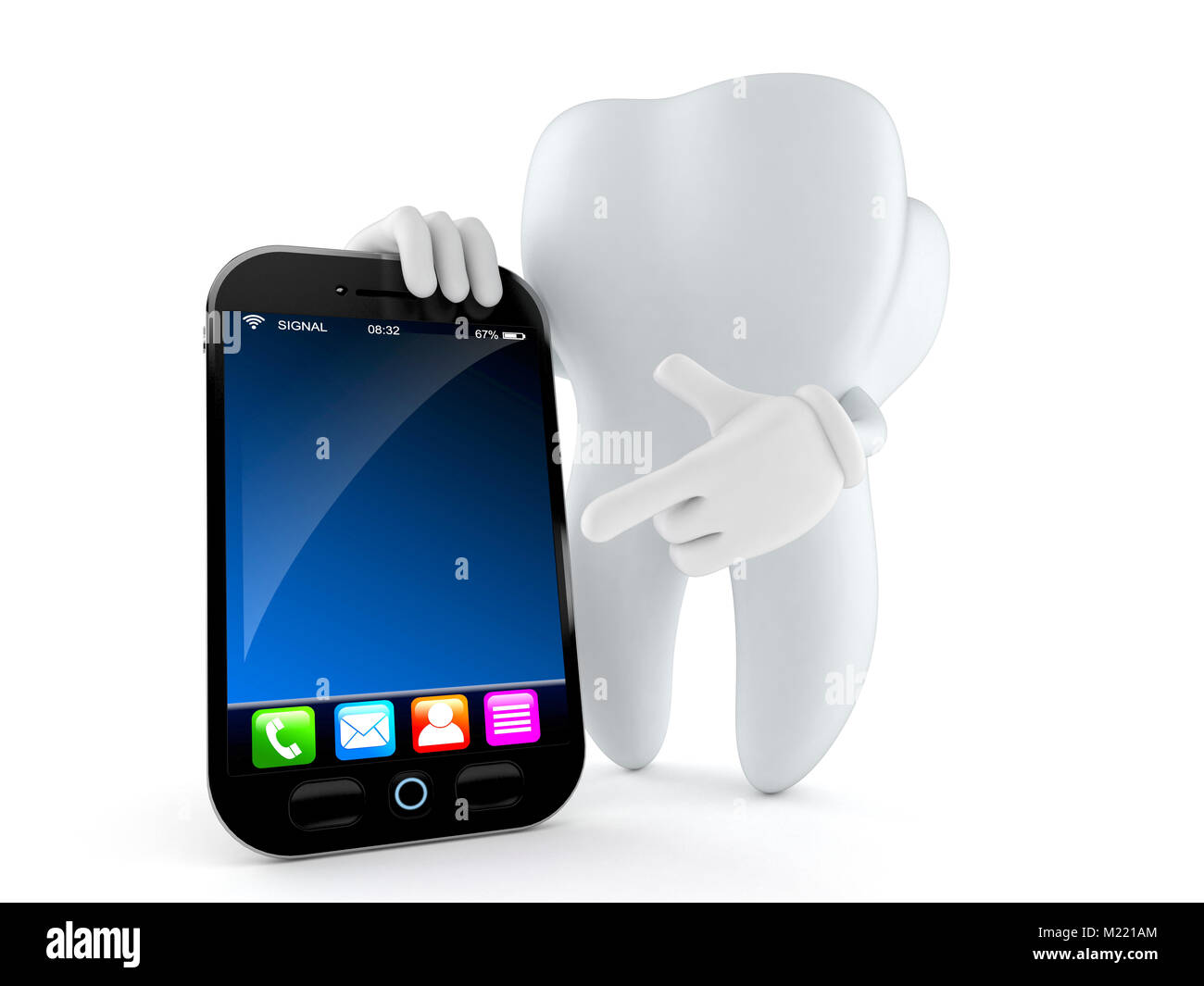 Tooth character with smart phone isolated on white background Stock ...