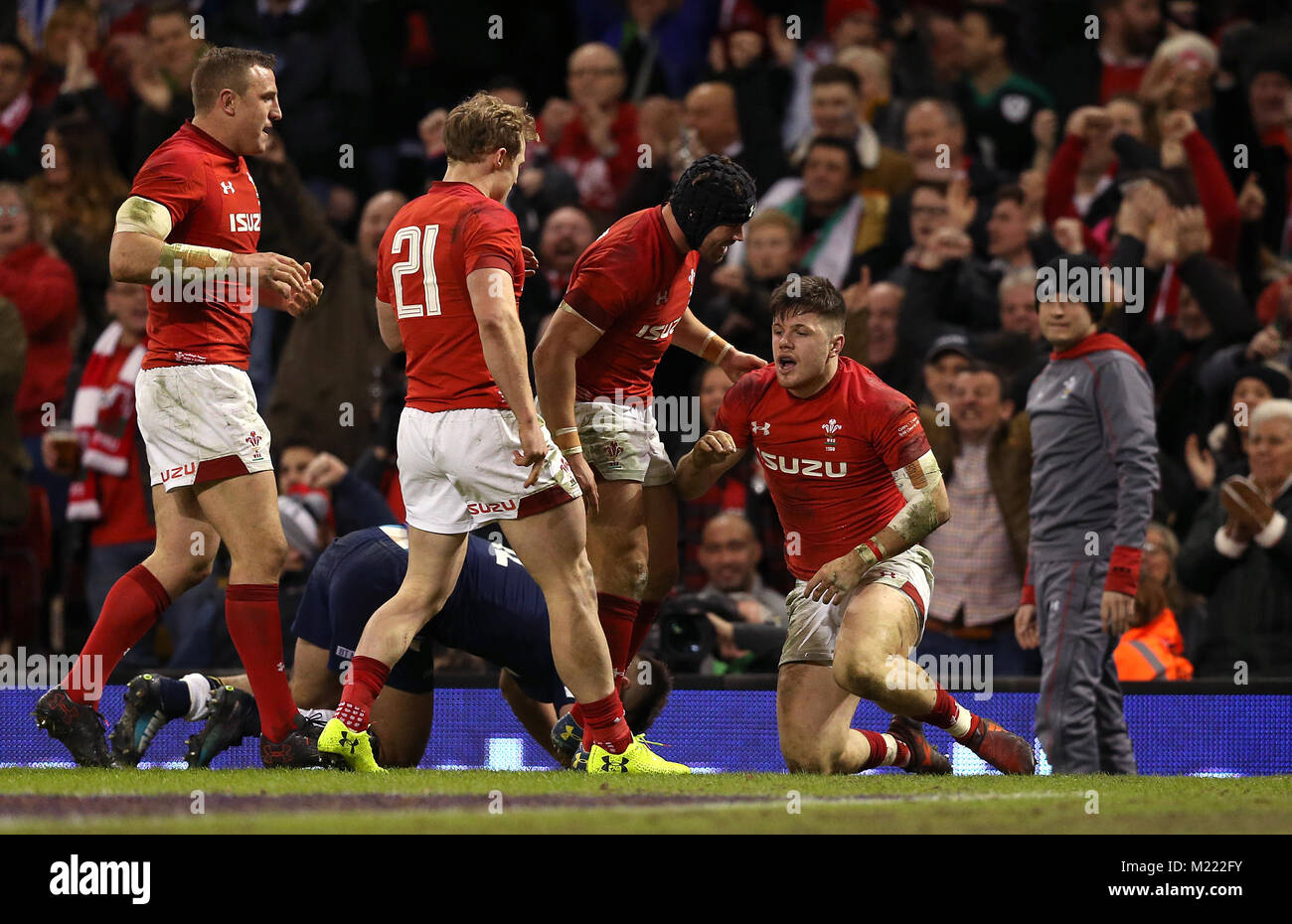 Wales' Steff Evans (right) after scoring his side's fourth try during ...
