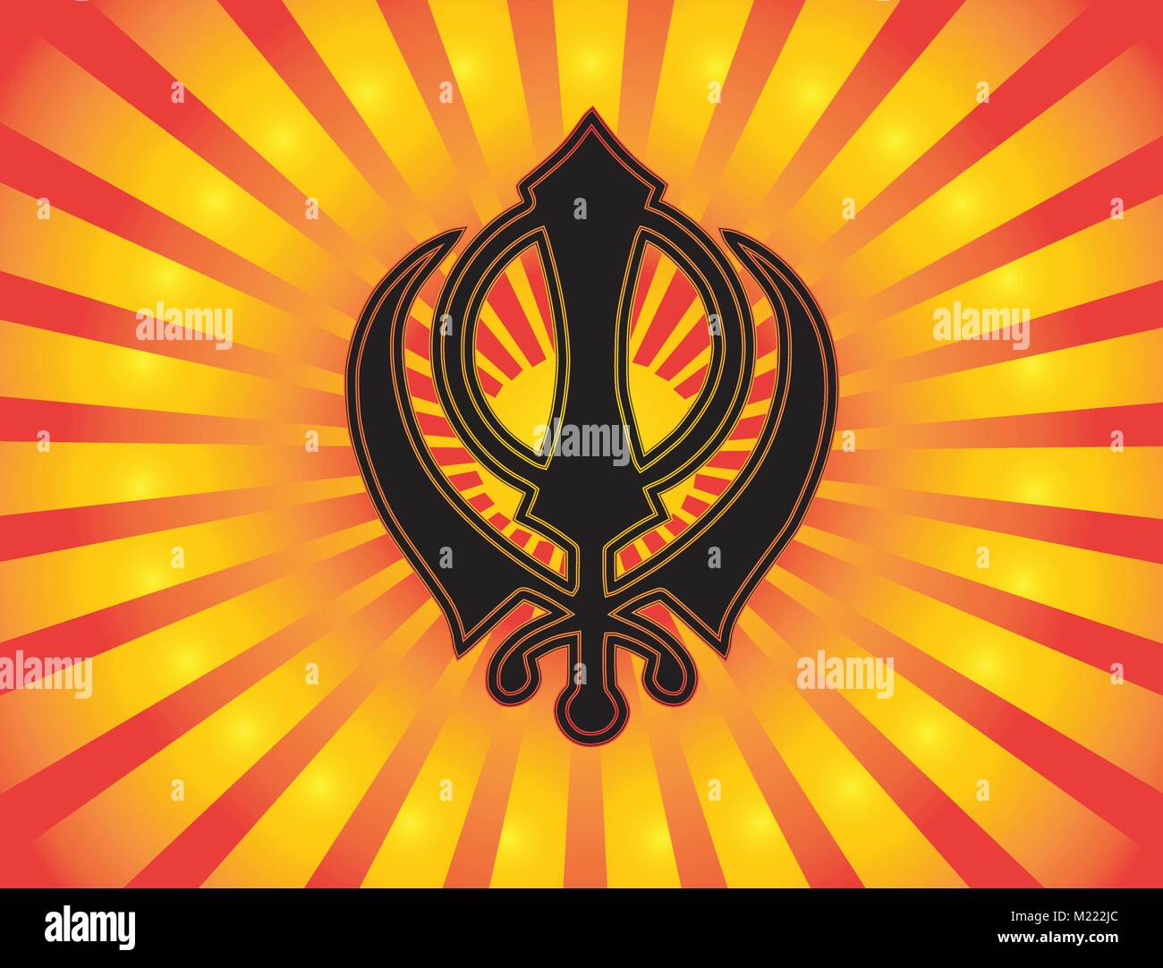 The main symbol of Sikhism – sign Khanda. Red and gold gradient rays ...