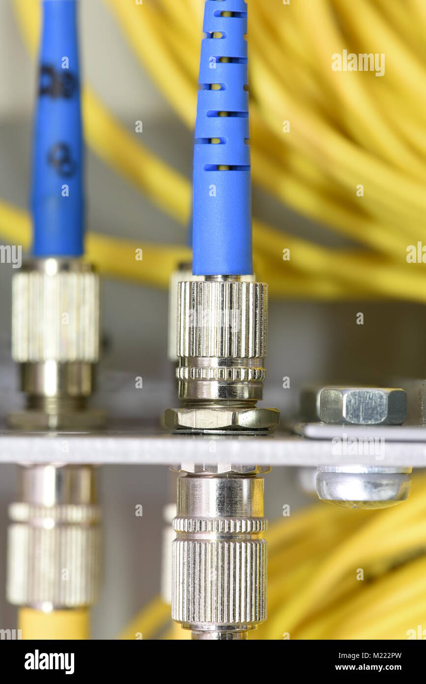 Optic fiber cables on distribution panel in data center Stock Photo - Alamy