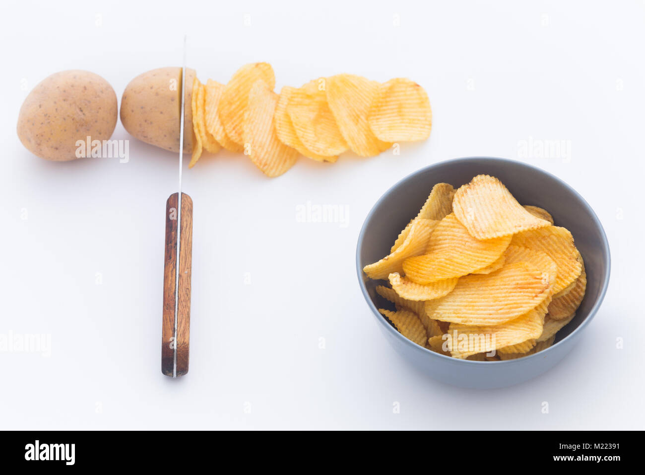 Potato slice into potato chips isolated on white background Stock Photo ...