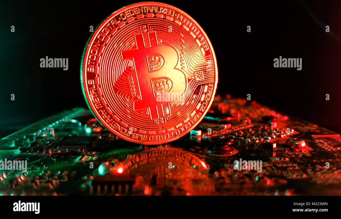 Bitcoin - close up shot in a computer technology environment Stock ...