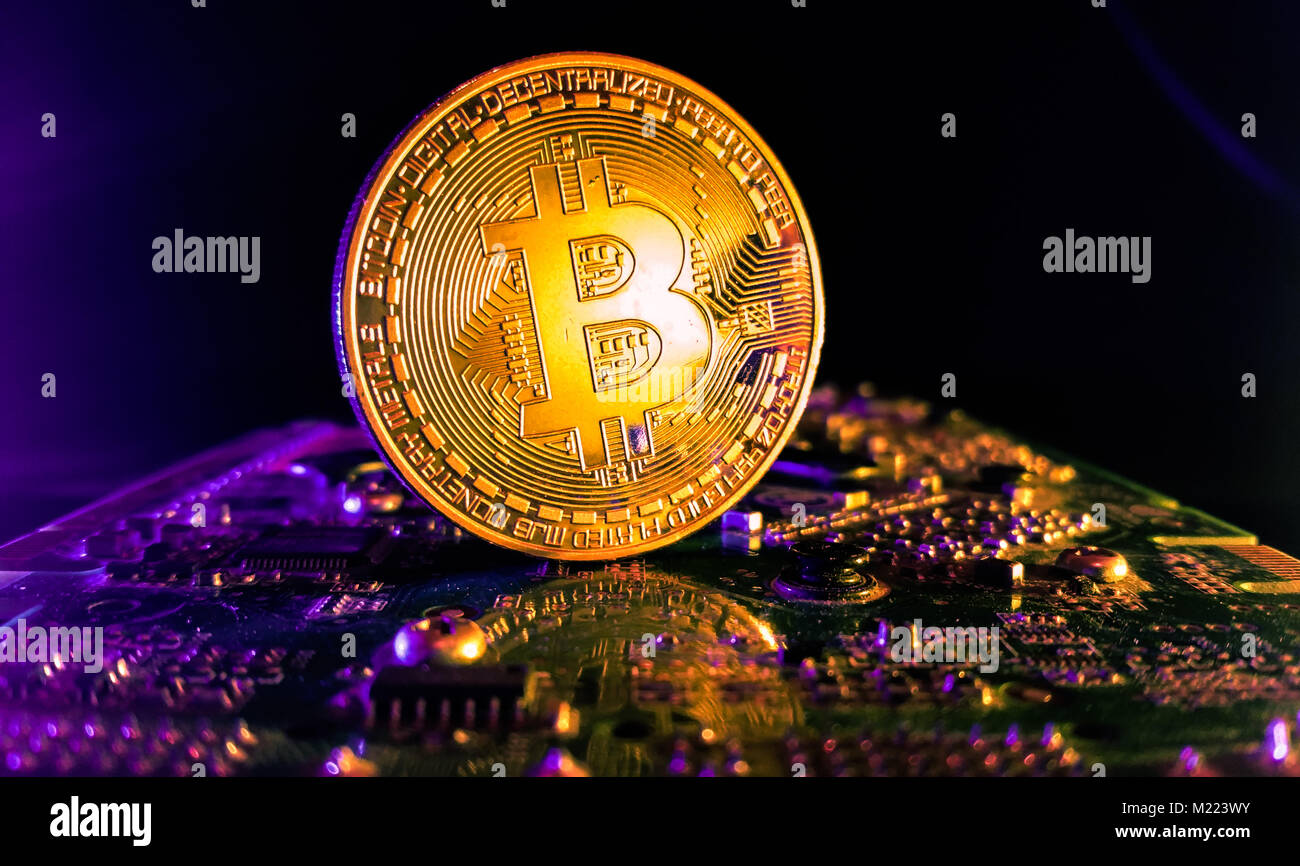Bitcoin - close up shot in a computer technology environment Stock ...