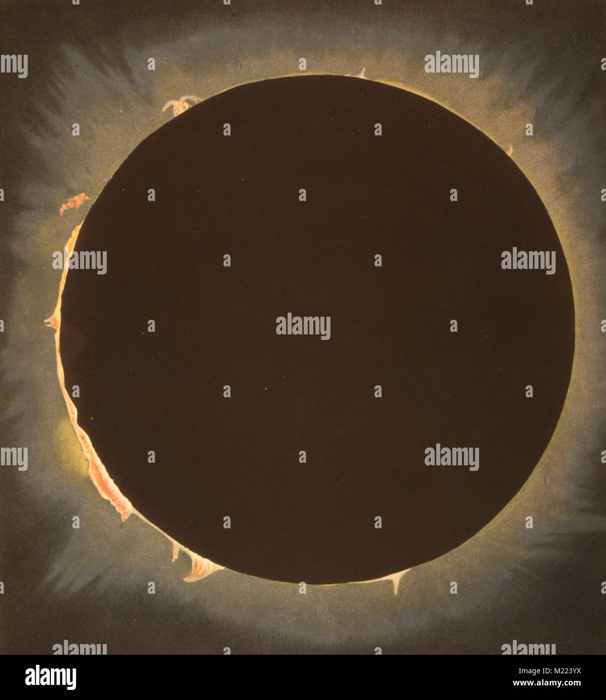 Solar eclipse, 1862. The sun and moon at the beginning and ending ...