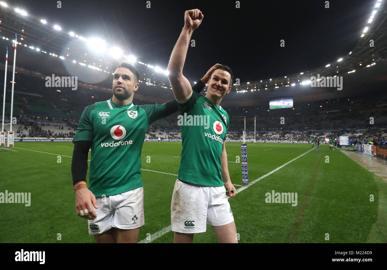 Ireland's Johnny Sexton (right) celebrates with Ireland's Conor Murray ...