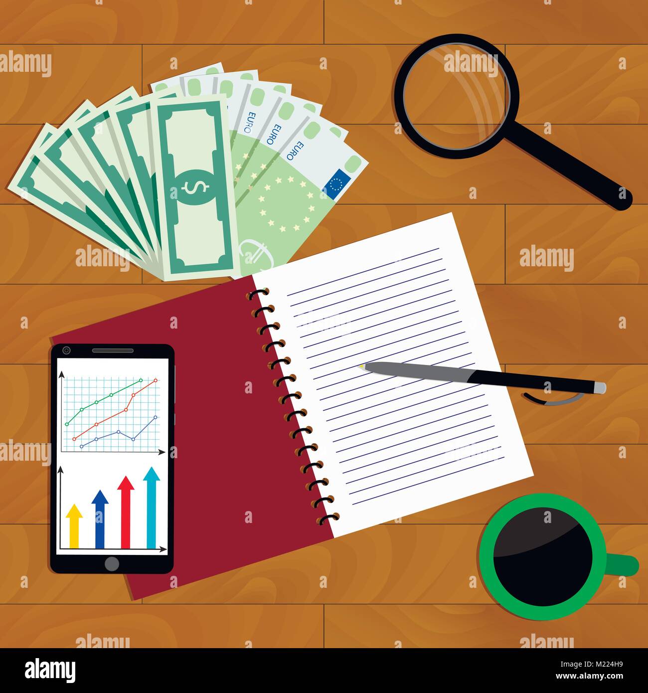 Workplace of exchange trader top view. Business table finance work ...