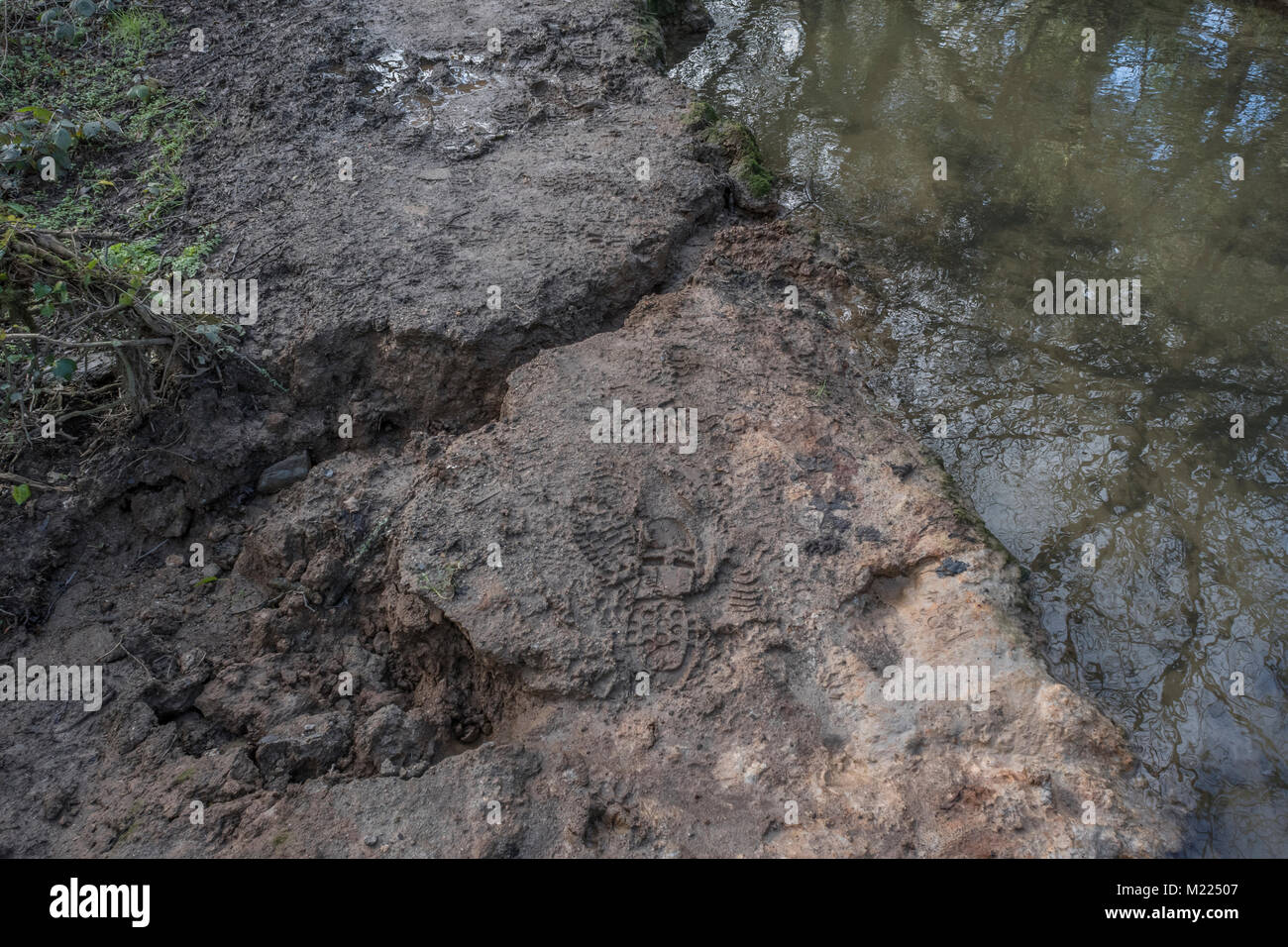 Broken flood defences of small river / large stream & seasonal winter ...