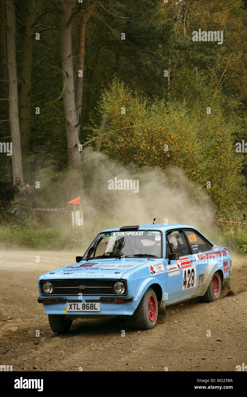 Historic Mark 2 Ford Escort rally car in Cropton Forest, Yorkshire, UK ...