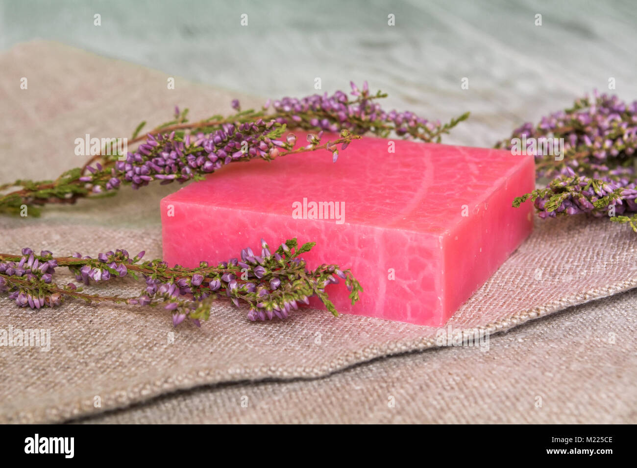 Natural handmade soap and a heather twig on a linen background Stock ...