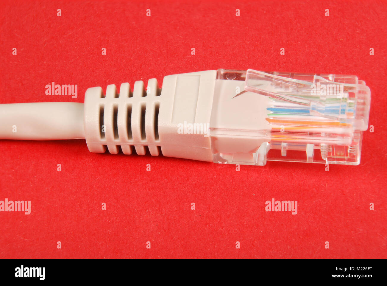Lan cable and connector RJ45, isolated on red background Stock Photo ...