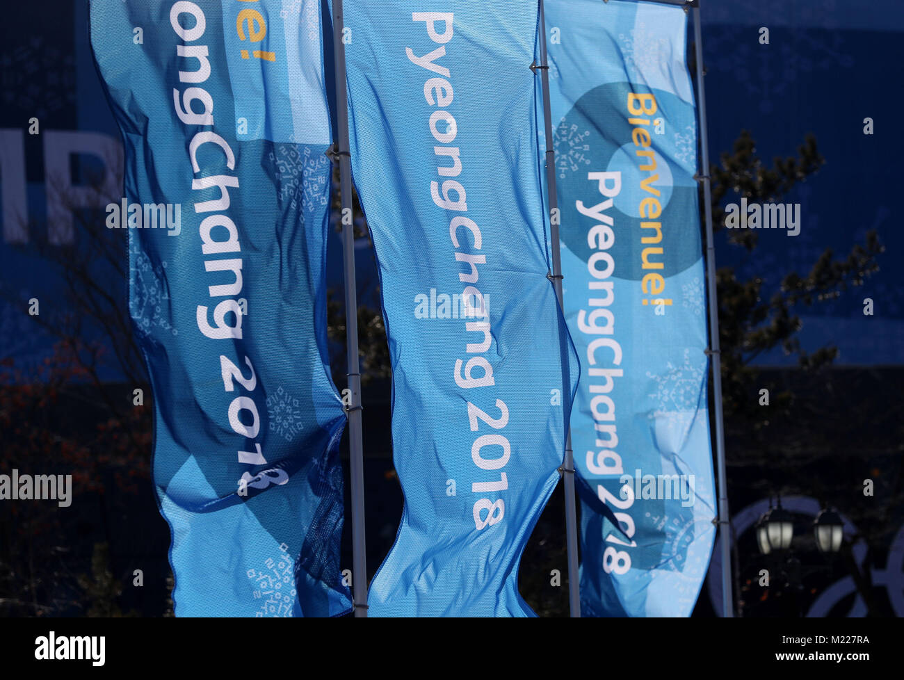 Pyeong Chang 2018 flags during a preview day at the Alpensia sports ...