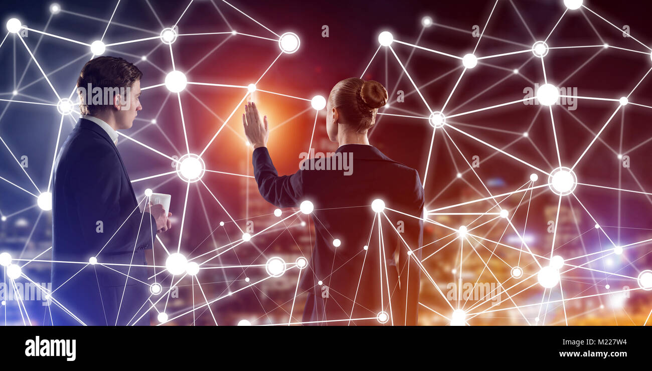 Concept of social connection and networking against night city view and ...