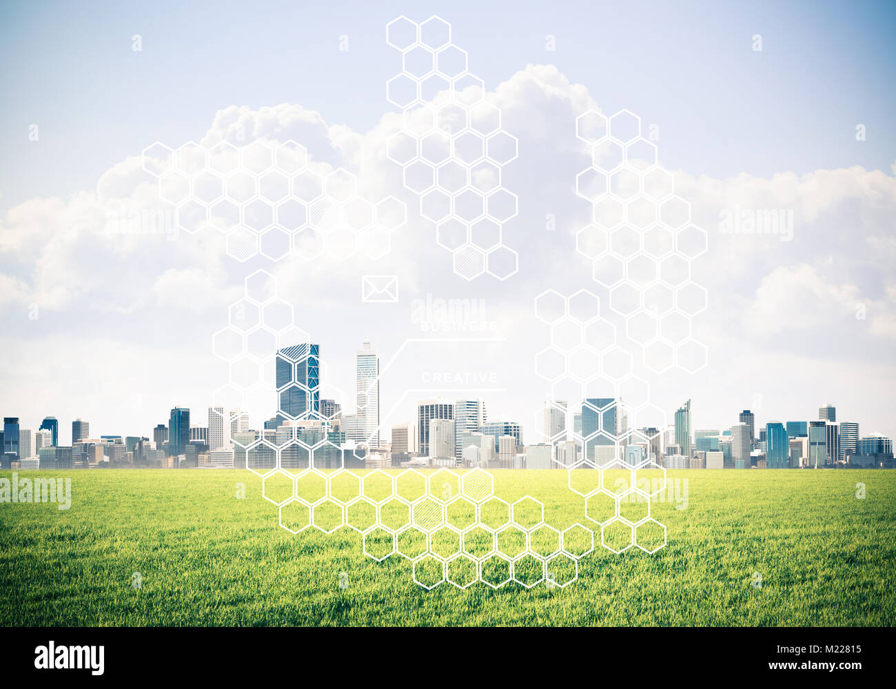 Natural background with modern cityscape green field and media i Stock ...