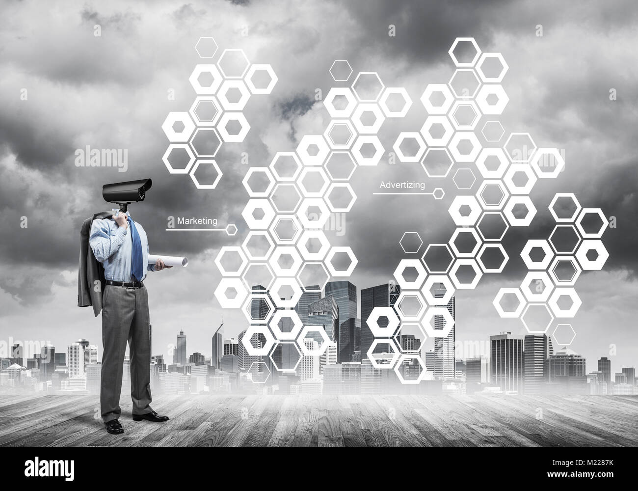 Camera headed man standing on wooden floor against modern citysc Stock ...