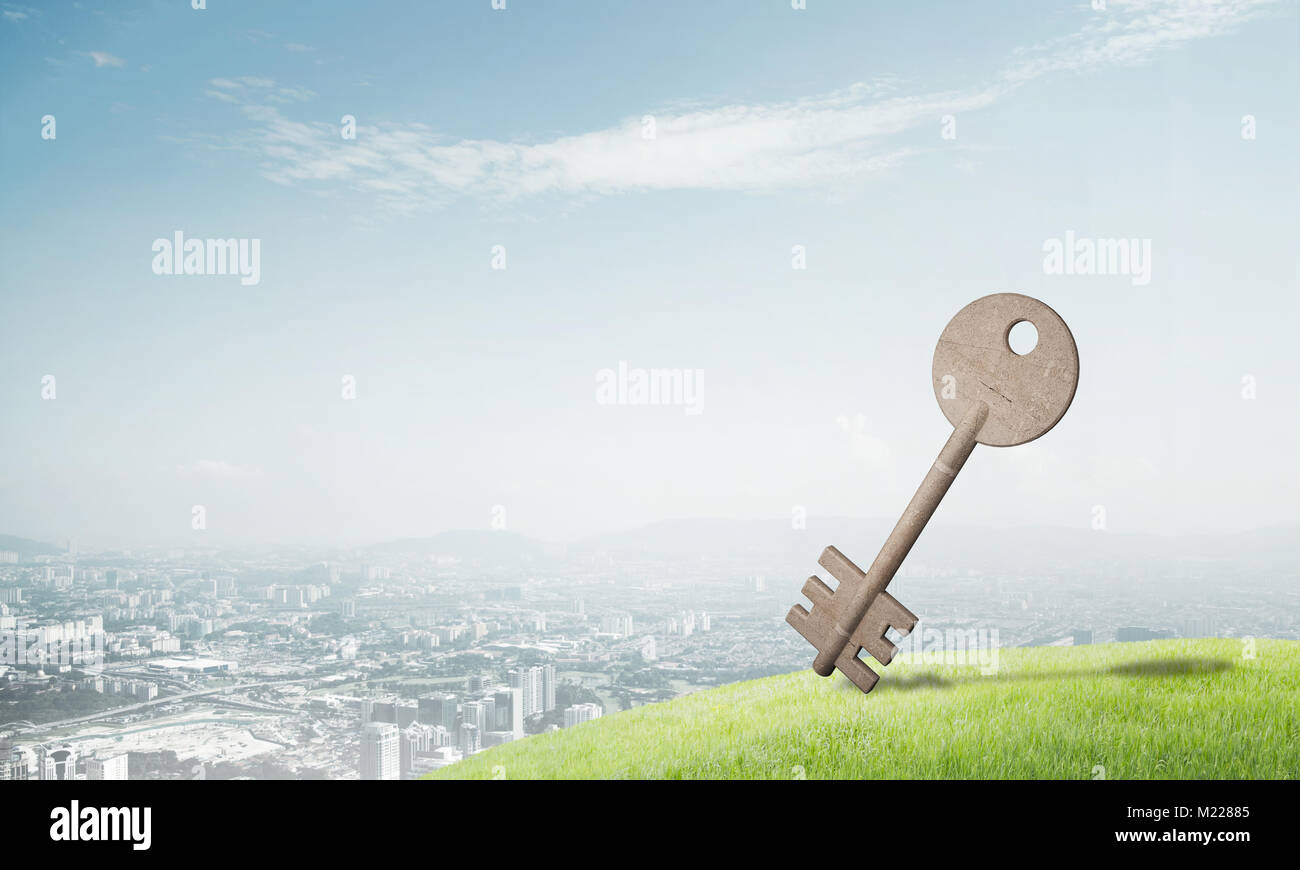Conceptual background image of concrete key sign and natural landscape ...