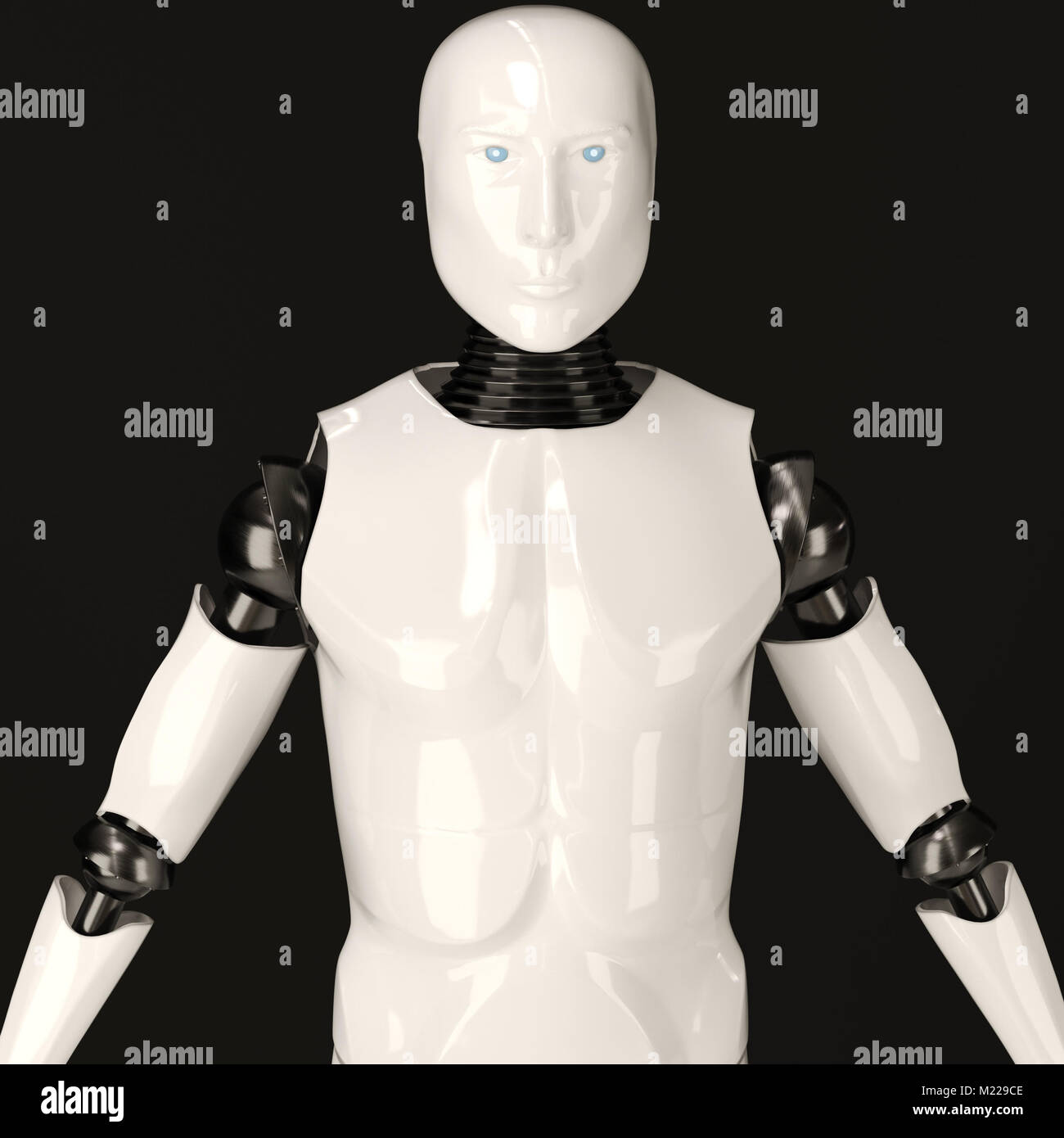 3D rendering Stylish handsome cyborg head in profile. Isolated on black ...