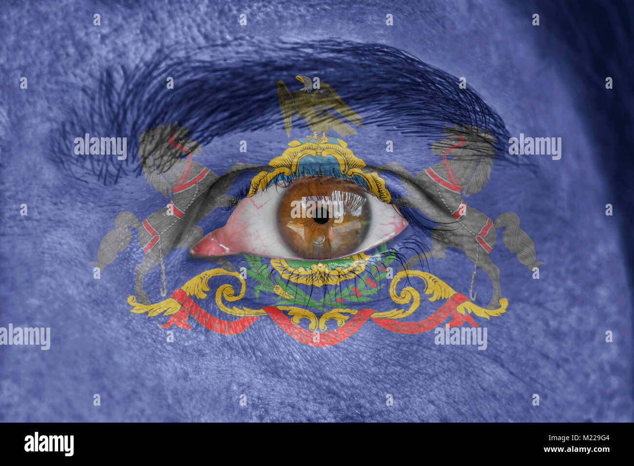 Human face and eye painted with US state flag of Pennsylvania Stock ...