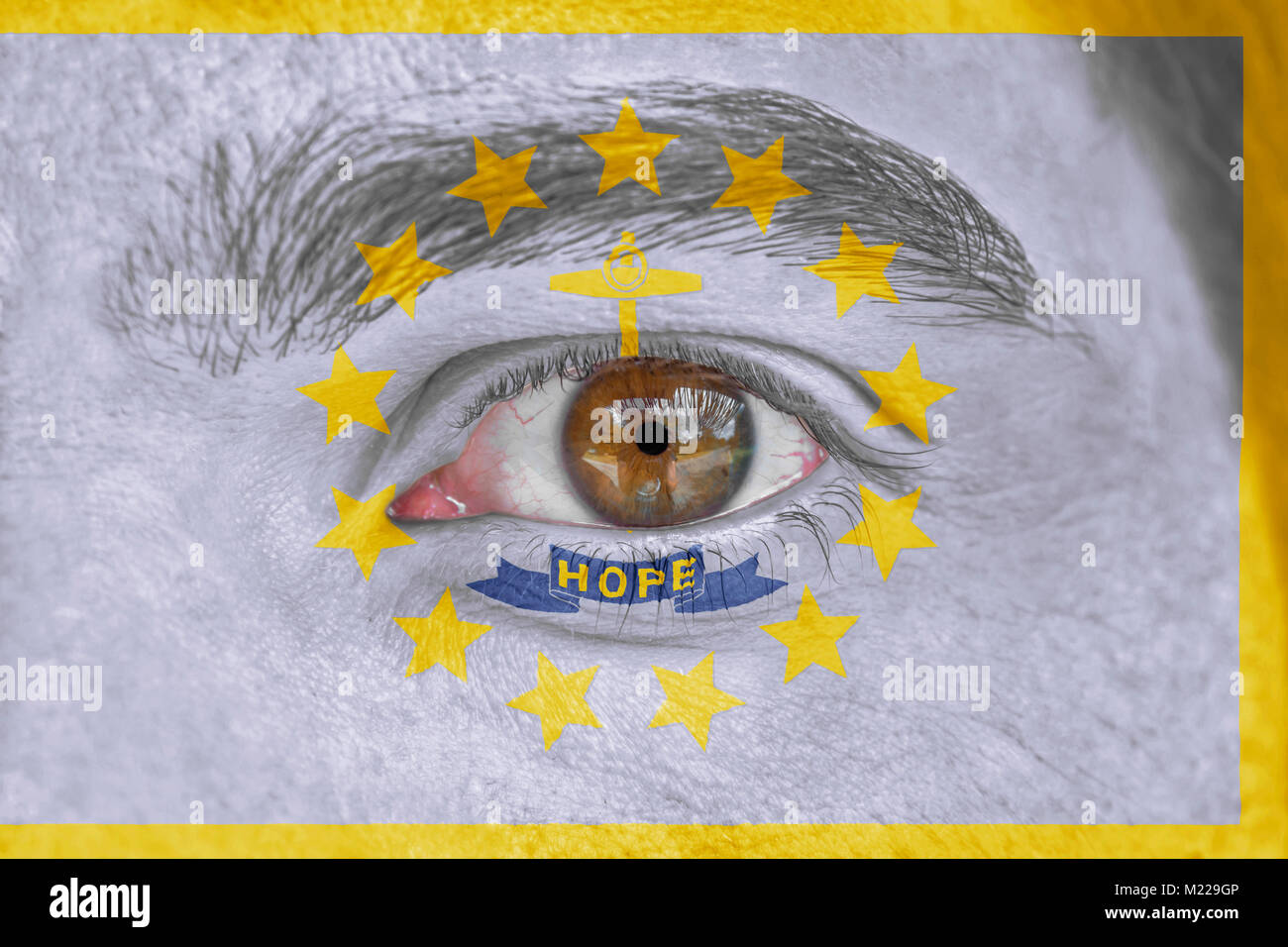 Human face and eye painted with US state flag of Rhode Island Stock ...