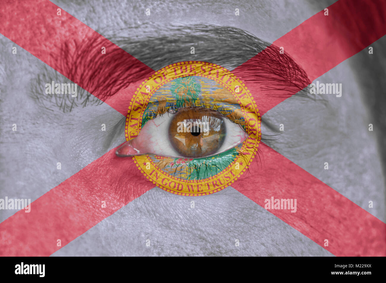 Human face and eye painted with US state flag of Florida Stock Photo ...