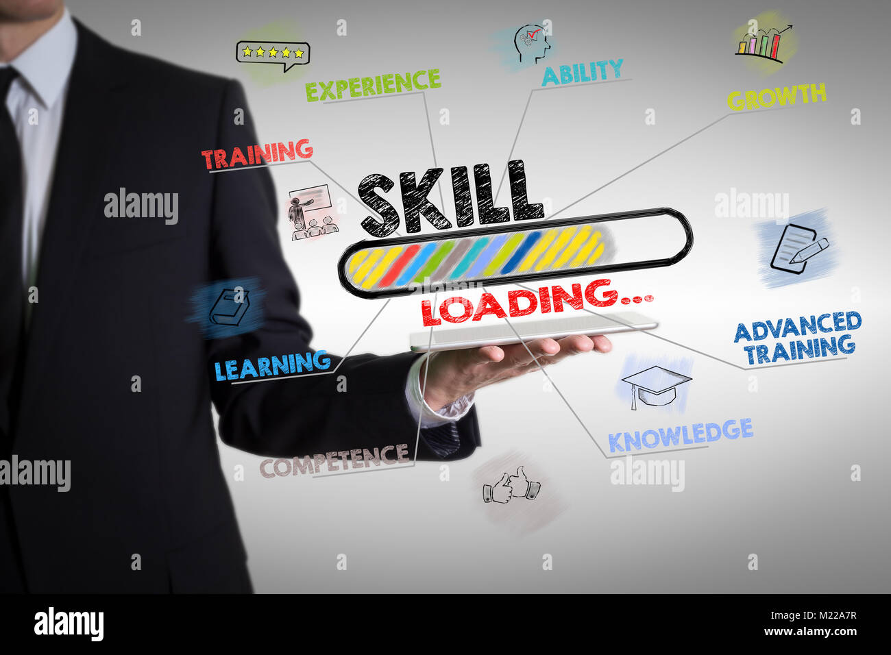 skill concept with young man holding a tablet computer Stock Photo - Alamy