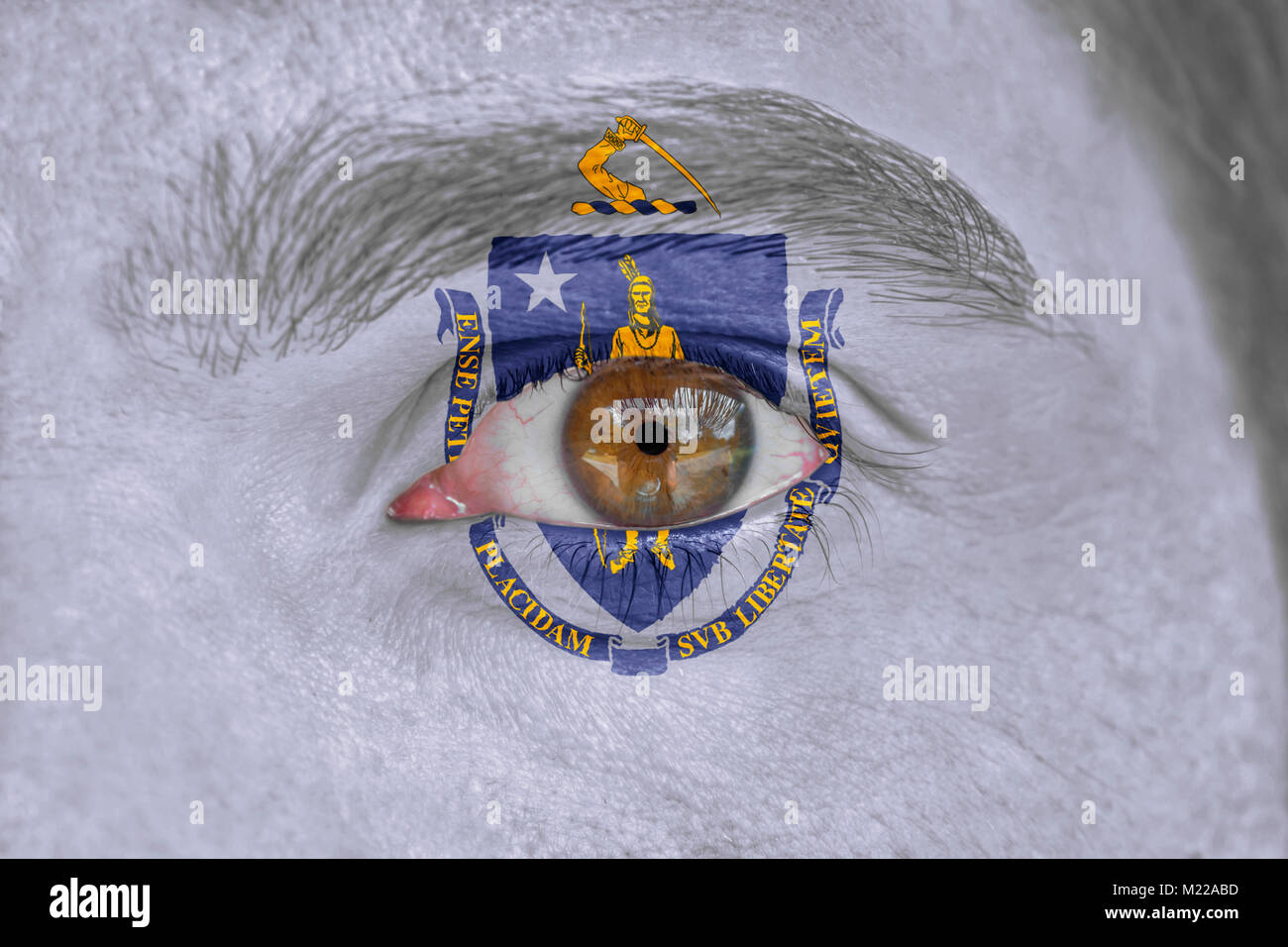 Human face and eye painted with US state flag of Massachusetts Stock ...