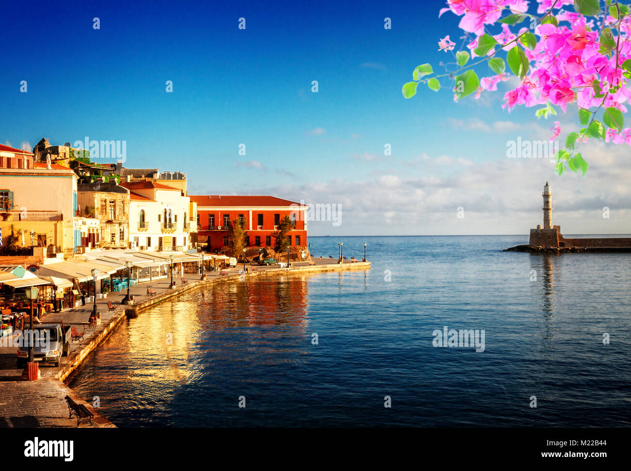 famouse venetian harbour waterfront and lighthouse of Chania old town ...