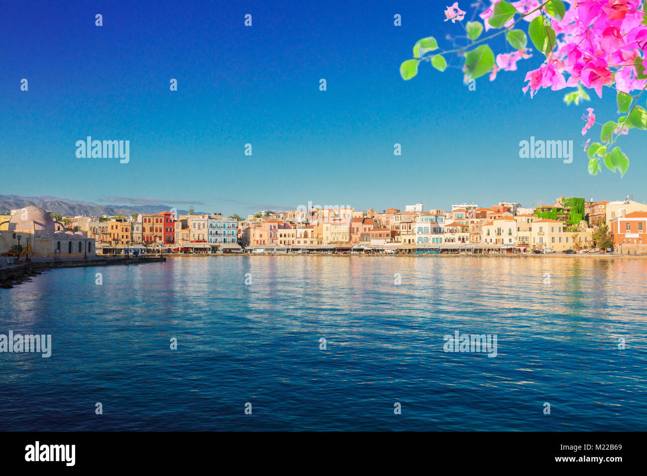 waterfront of Chania bay at sunny day, Crete island, Greece with ...