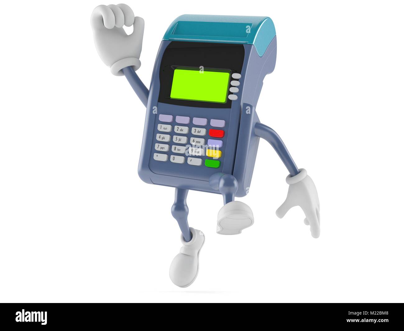 Credit card reader character jumping on white background Stock Photo ...