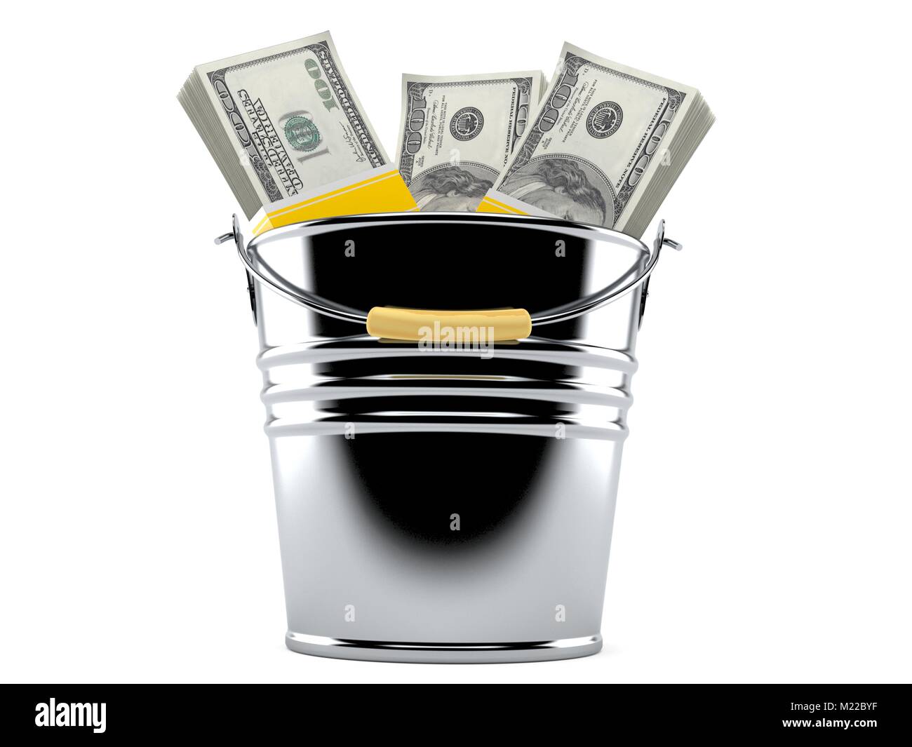 Money inside metal bucket isolated on white background Stock Photo - Alamy