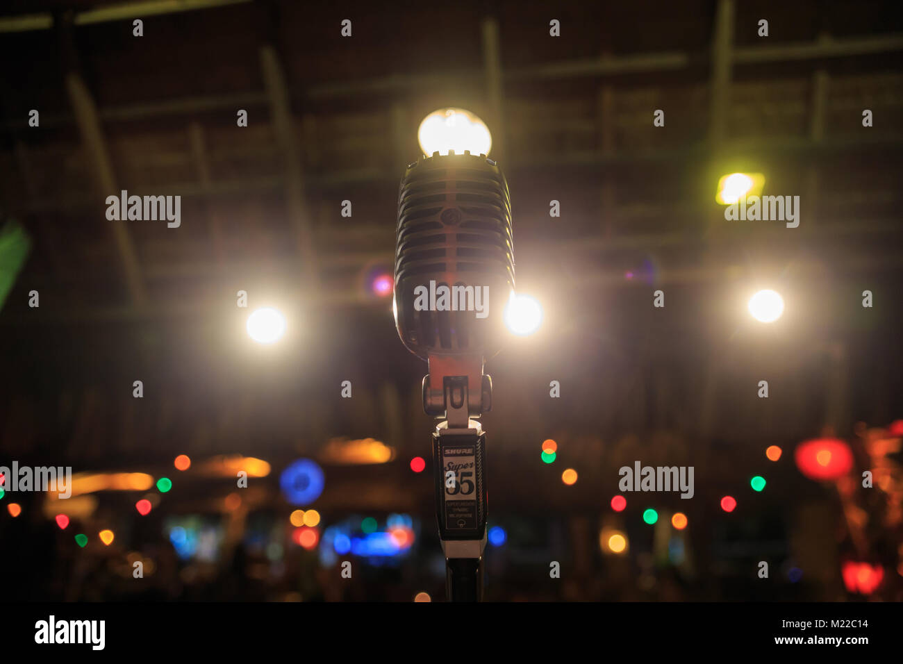 Retro microphone on stage in a pub Stock Photo - Alamy