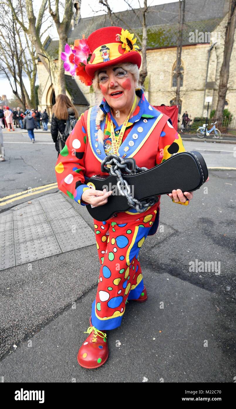 Pip, the ukulele playing female, clown attends the Clowns International ...