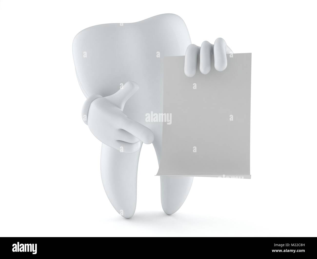 Tooth character with blank sheet of paper isolated on white background ...