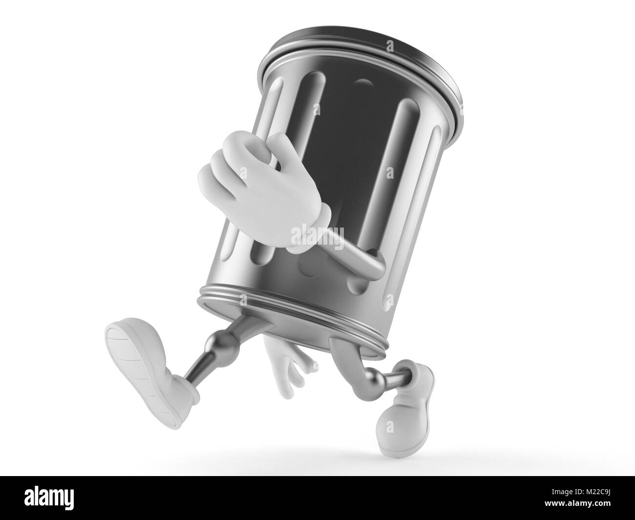 Trash can character running on white background Stock Photo - Alamy