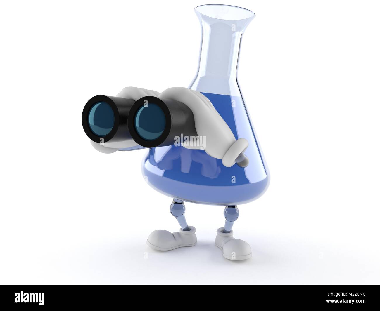 Chemistry flask character looking through binoculars isolated on white ...