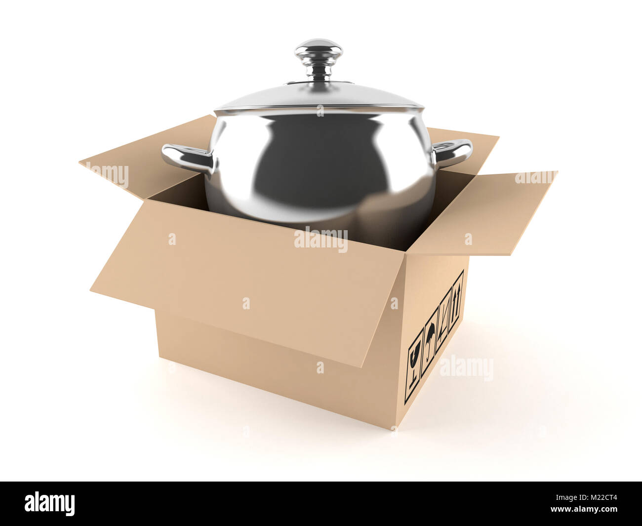 Cardboard box with kitchen pot isolated on white background Stock Photo ...