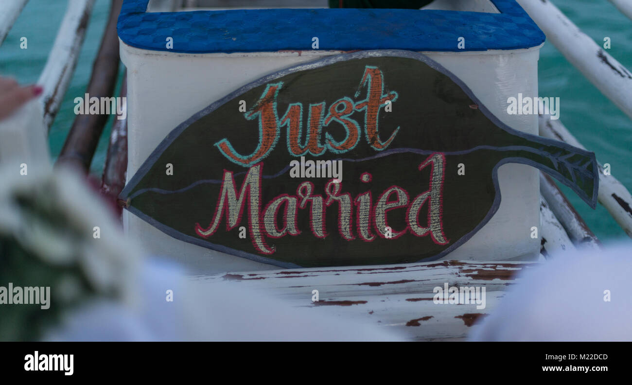 Just Married sign on a boat Stock Photo - Alamy