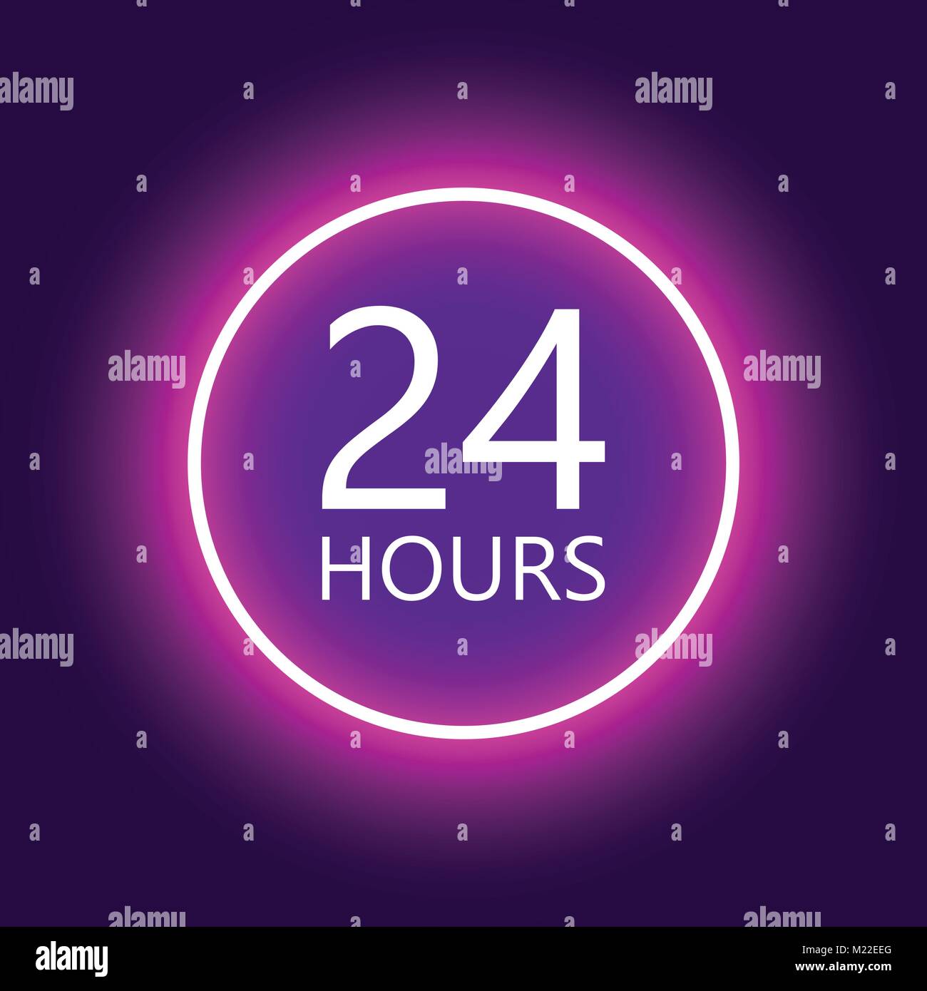 24 hours open sign, purple neon billboard vector illustration Stock ...
