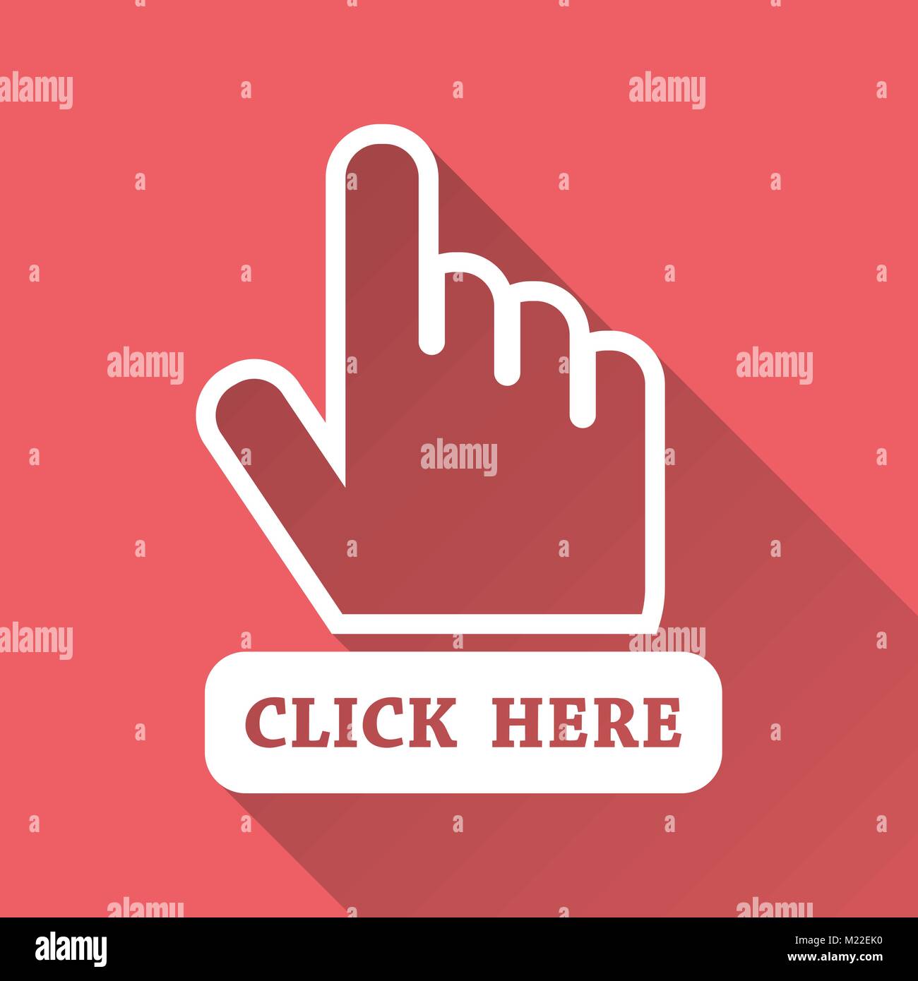 Click here icon. Hand cursor signs. Pink buttons with long shadow. Flat ...