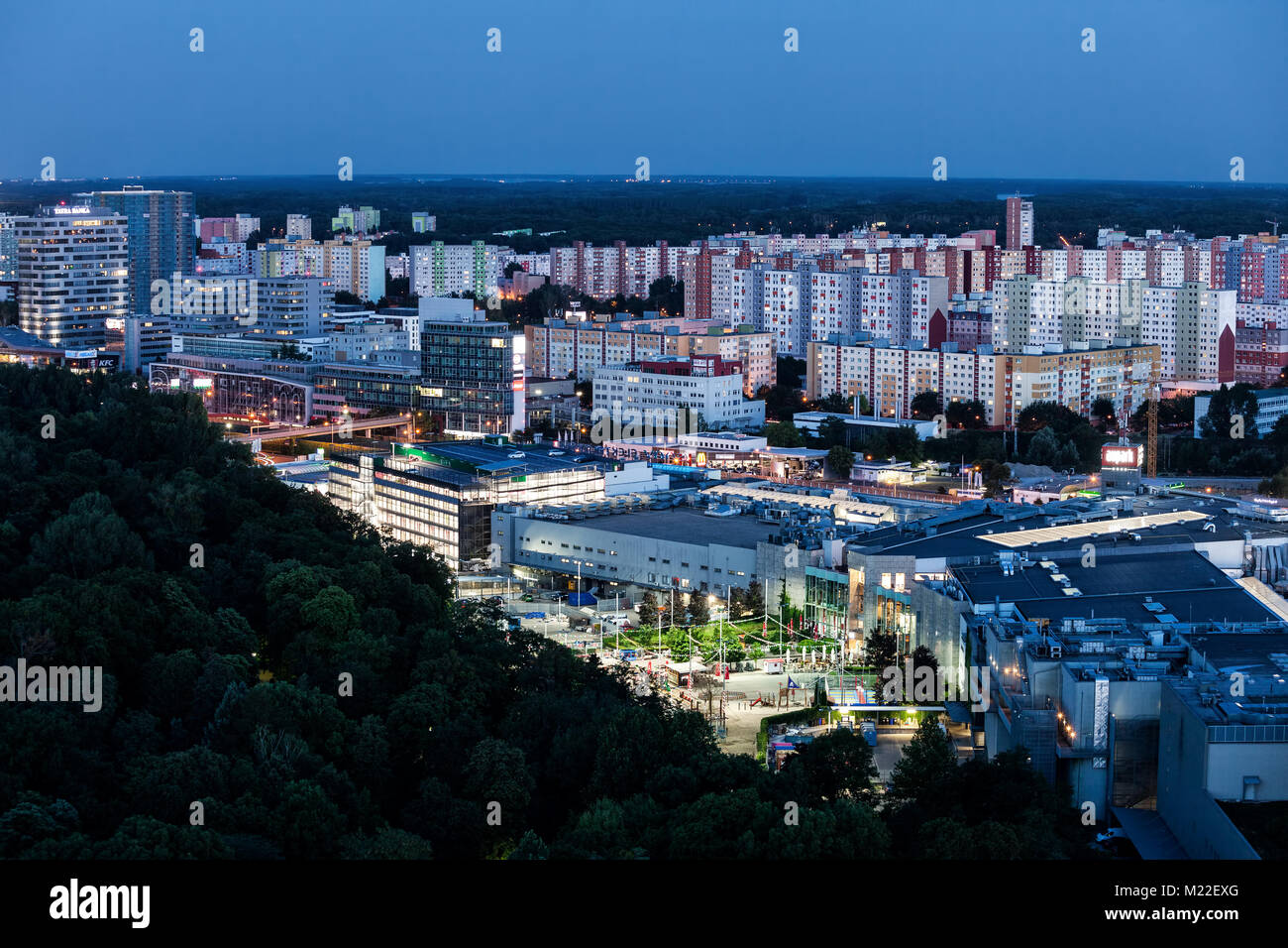 Petrzalka district (Petržalka) at dusk in Bratislava, capital city of ...