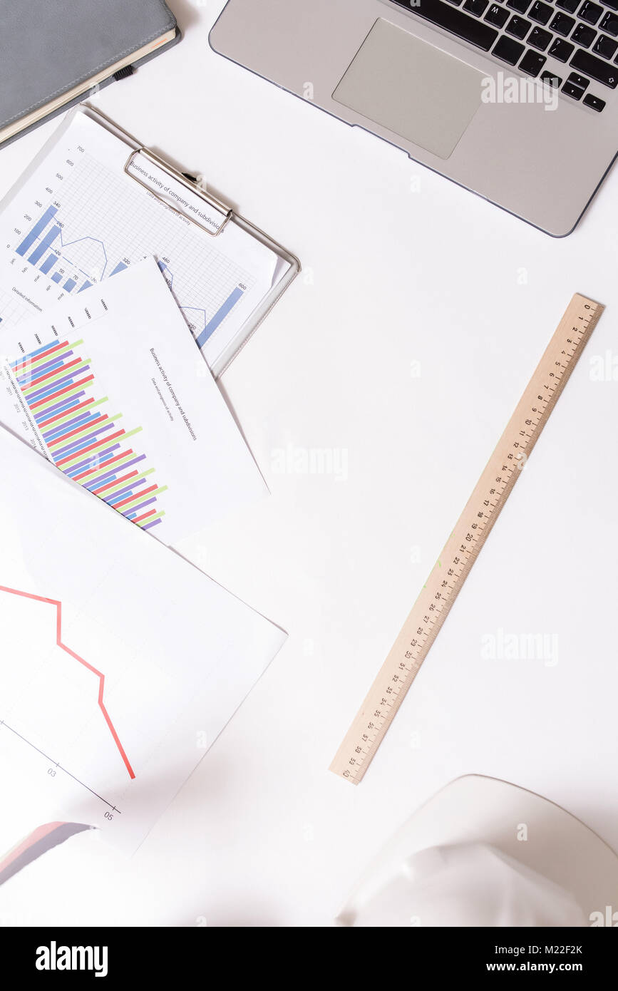 Above view background of business documents lying on work table, copy ...