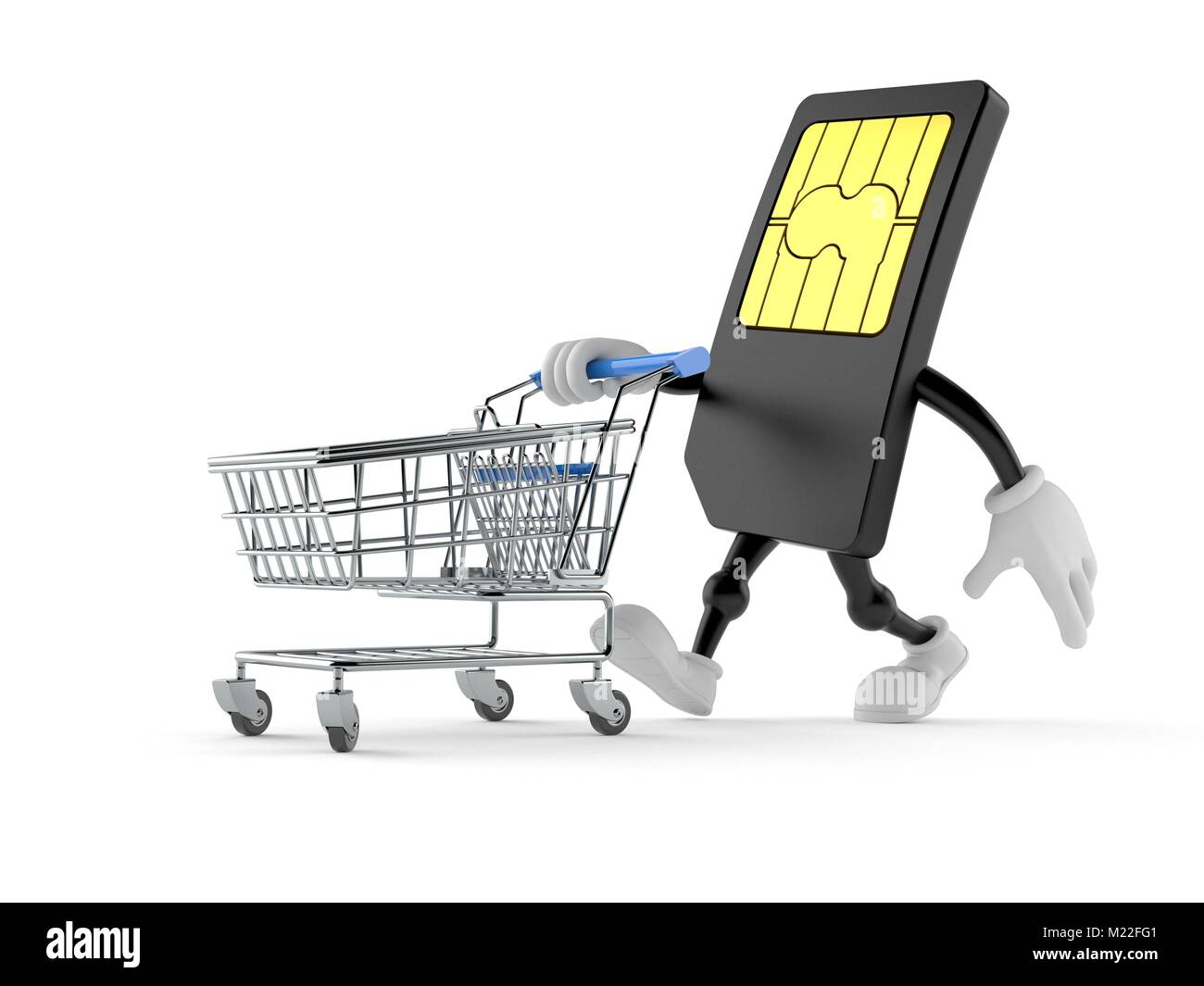 SIM card character pushing a shopping cart isolated on white background ...