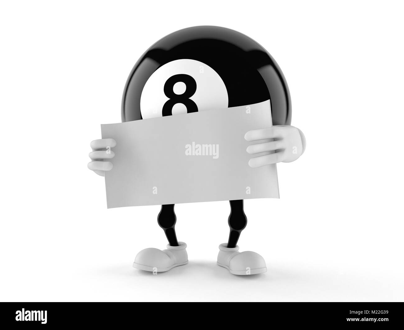 Eight ball character with blank sheet of paper isolated on white ...