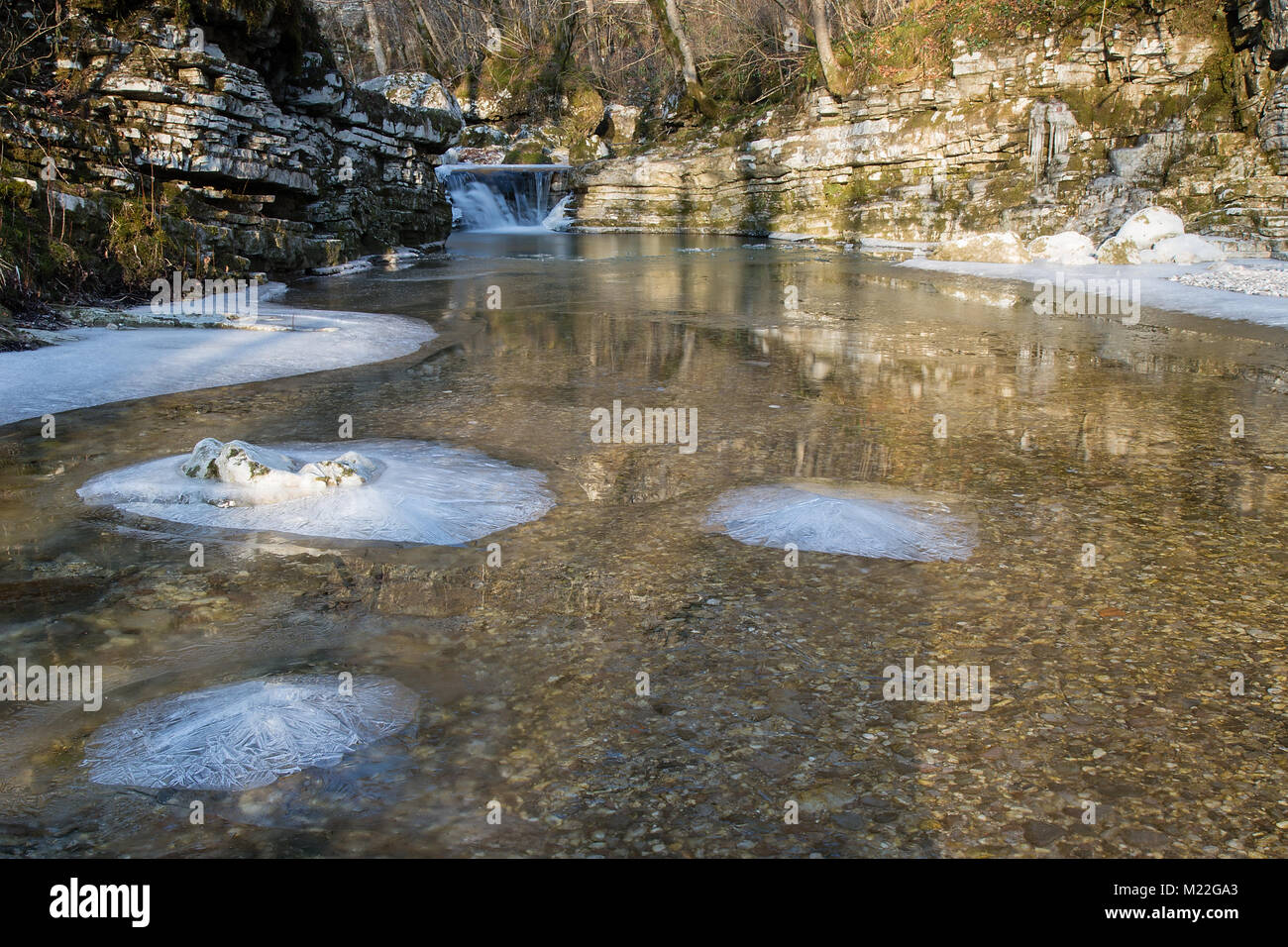 Winter Water Landscape with Ice Crystal on river rocks Stock Photo - Alamy
