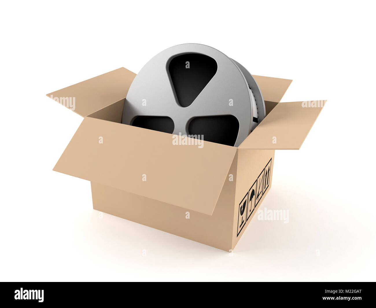 Film reel inside box isolated on white background Stock Photo - Alamy