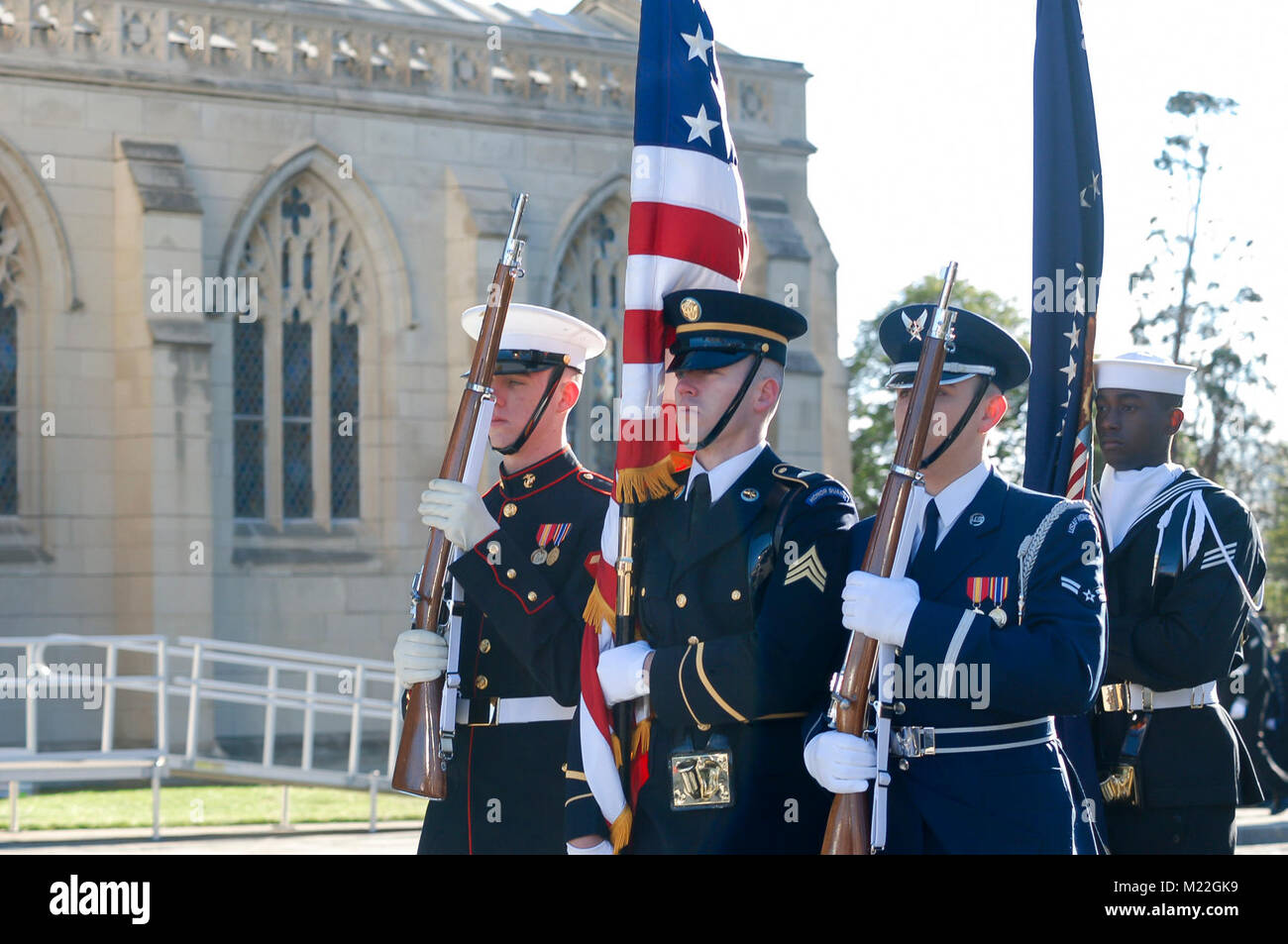 The Armed Forces Color Guard marches in preparation for the state ...
