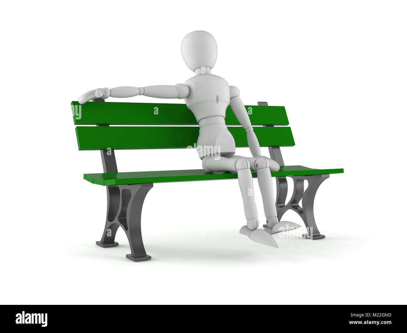 White dummy character sitting on bench isolated on white background ...