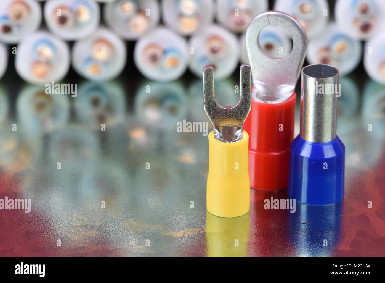 Colored accessories and cables used in electrical installations on ...